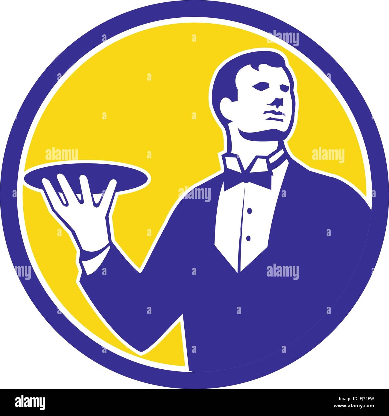 Illustration of a butler holding serving plate looking to the side ...