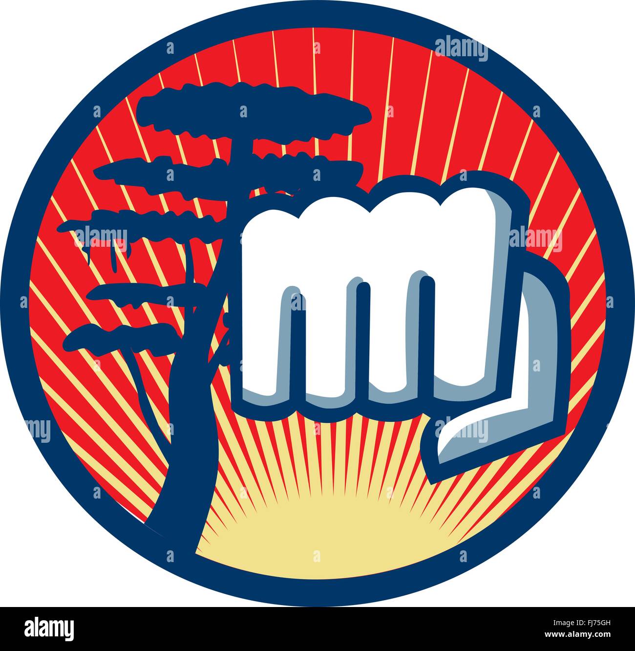 Illustration of a closed fist punching with cypress tree and sunburst ...