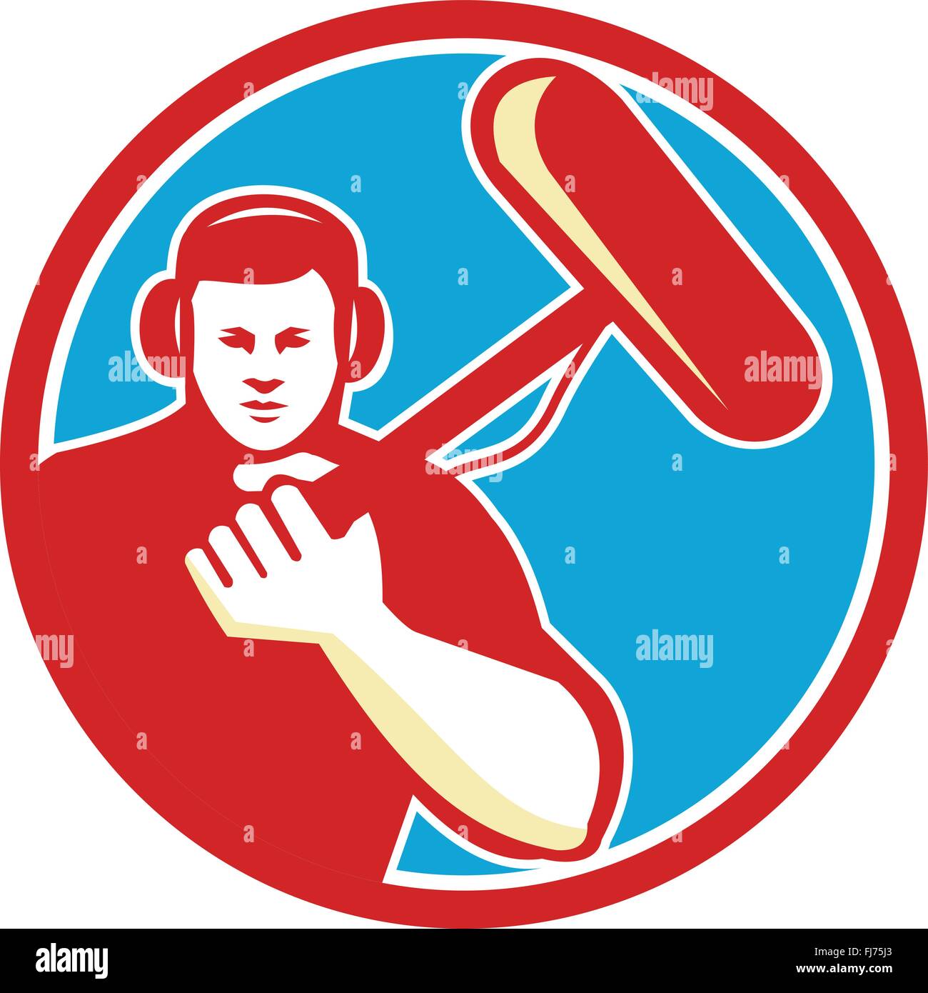 Illustration of a soundman worker with headphone holding a telescopic ...