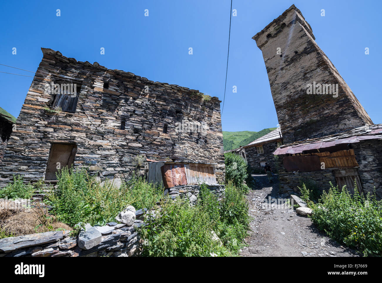 Svan tower in Zhibiani - one of four villages of Ushguli community at ...