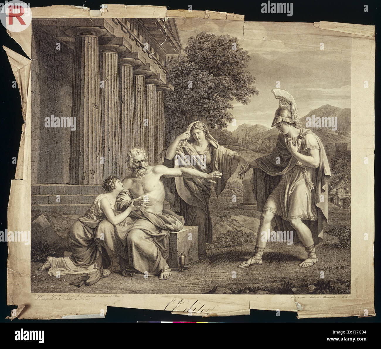 Engraving of 'Oedipus at Colonus' by Antoine-Al, depicting scenes from ...