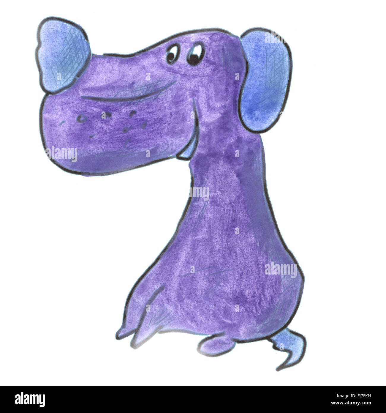 purple dog with blue ears cartoon watercolor isolated handmade Stock ...