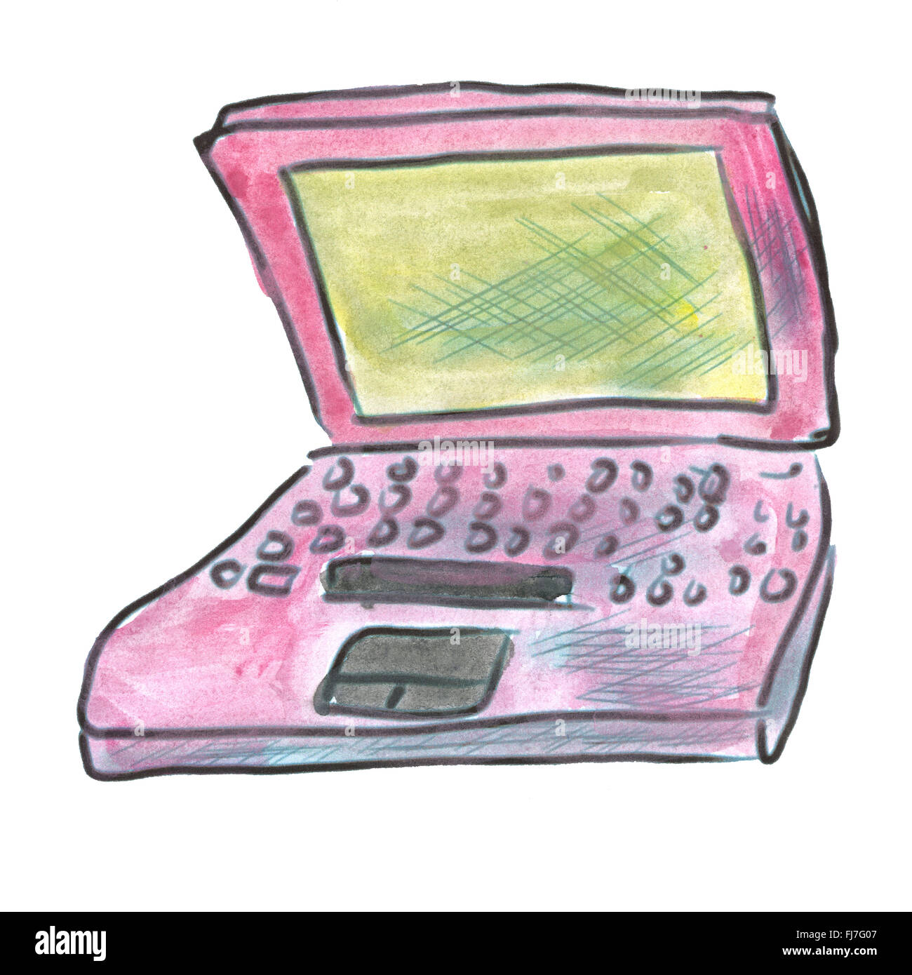 Pink laptop cartoon watercolor isolated handmade Stock Photo - Alamy