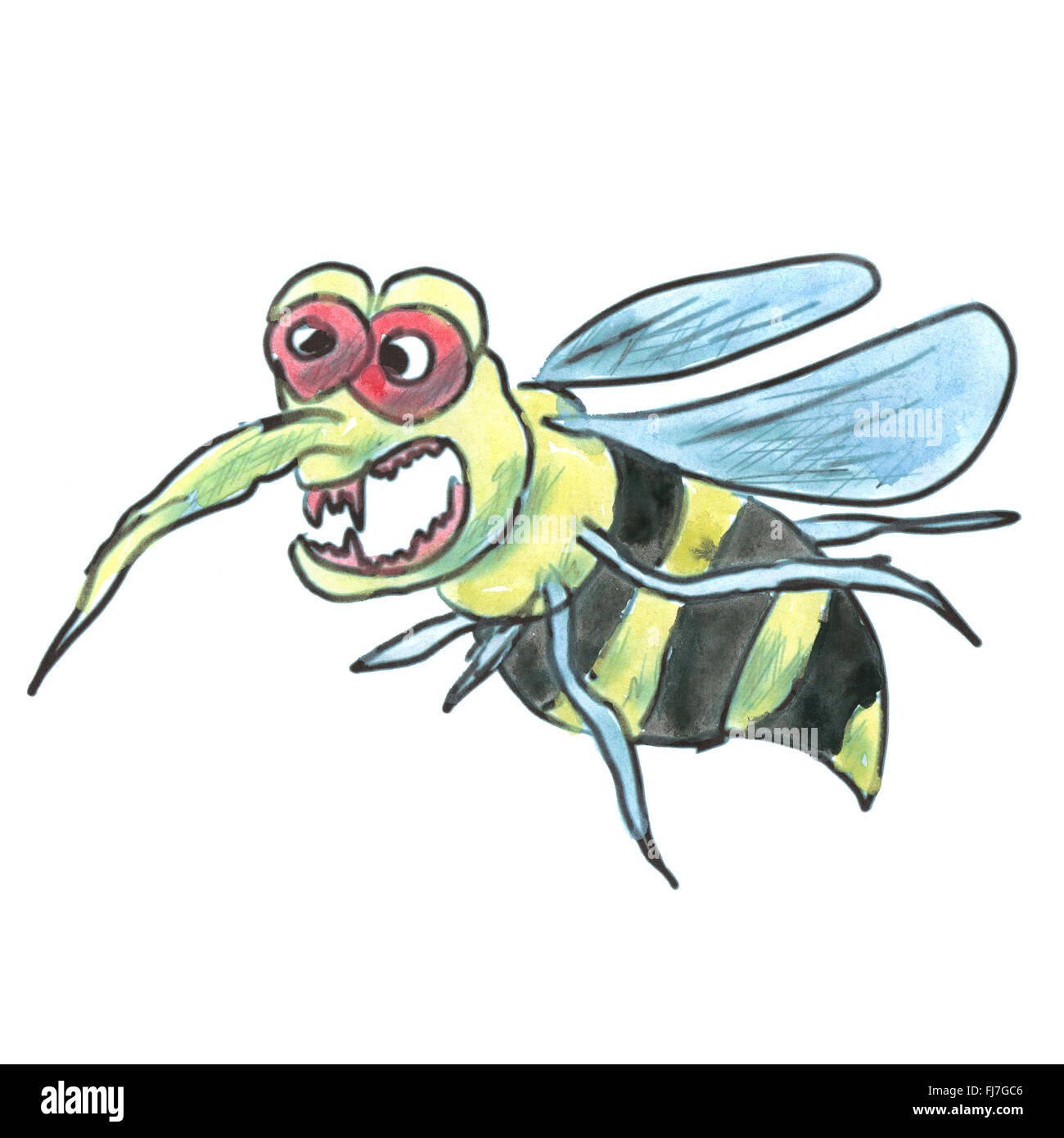 yellow black wasp angry cartoon watercolor isolated handmade Stock ...