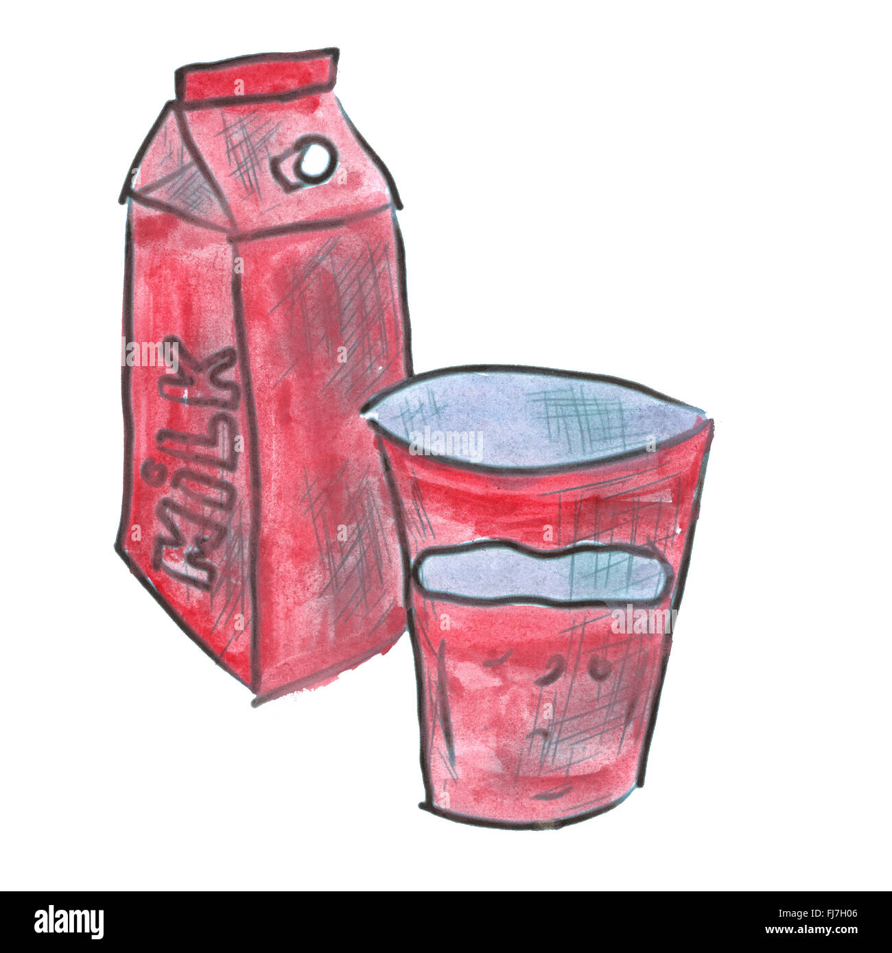 glass of milk red box cartoon watercolor isolated handmade Stock Photo ...