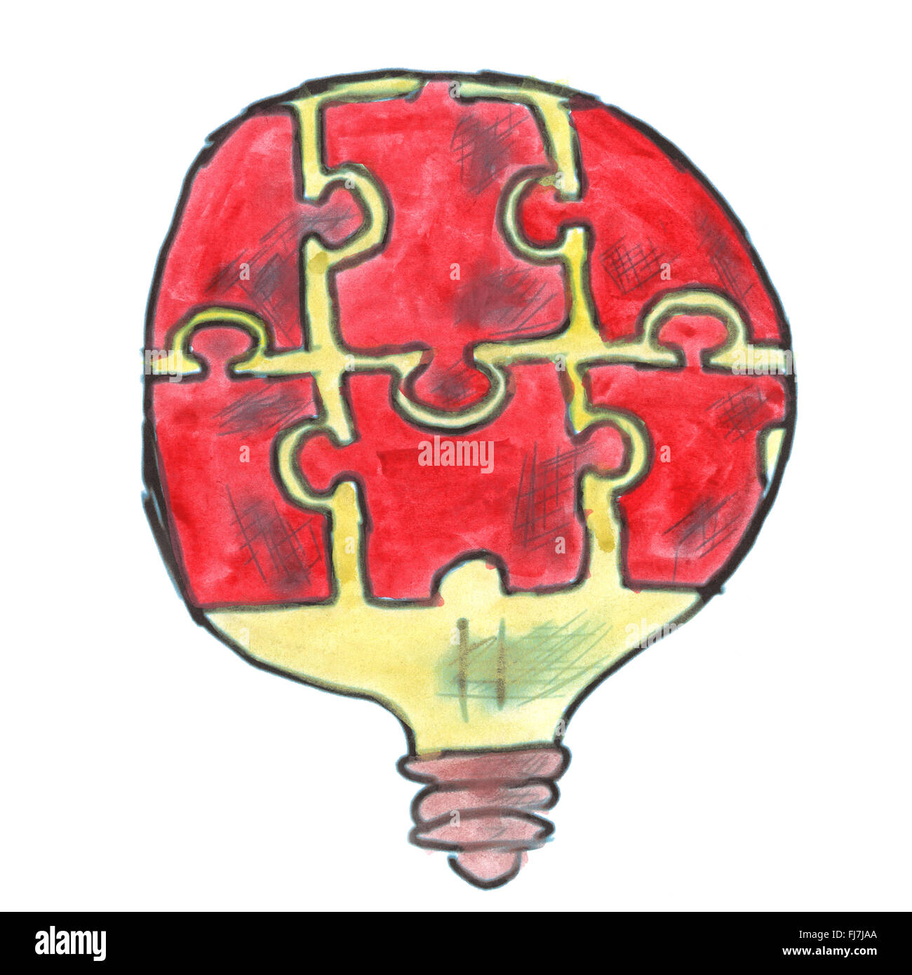 red puzzle in bulb cartoon watercolor isolated Stock Photo - Alamy