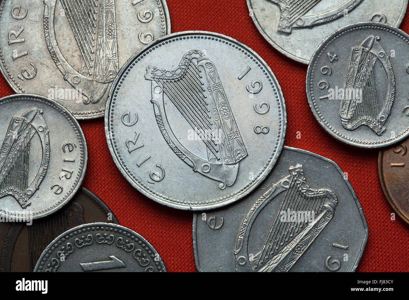 Coins of Ireland. Celtic harp depicted in the Irish pound coins Stock ...