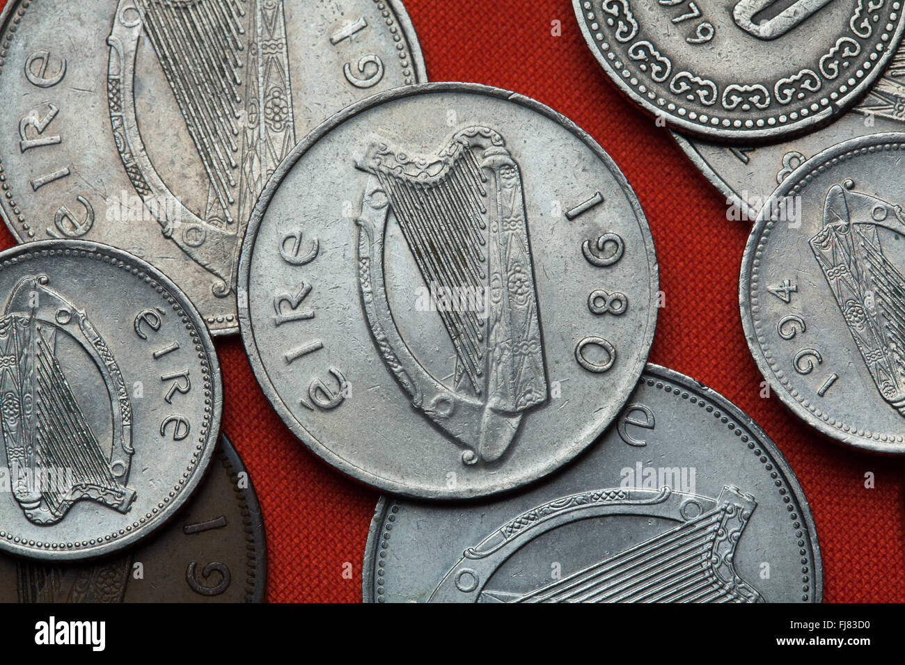 Coins of Ireland. Celtic harp depicted in the Irish pound coins Stock ...