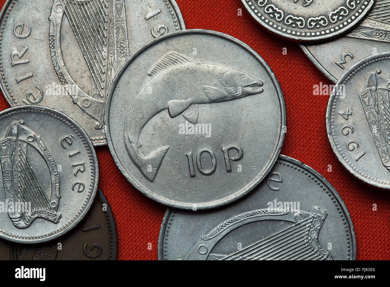 Coins of Ireland. Salmon depicted in the Irish 10 pence coin Stock ...