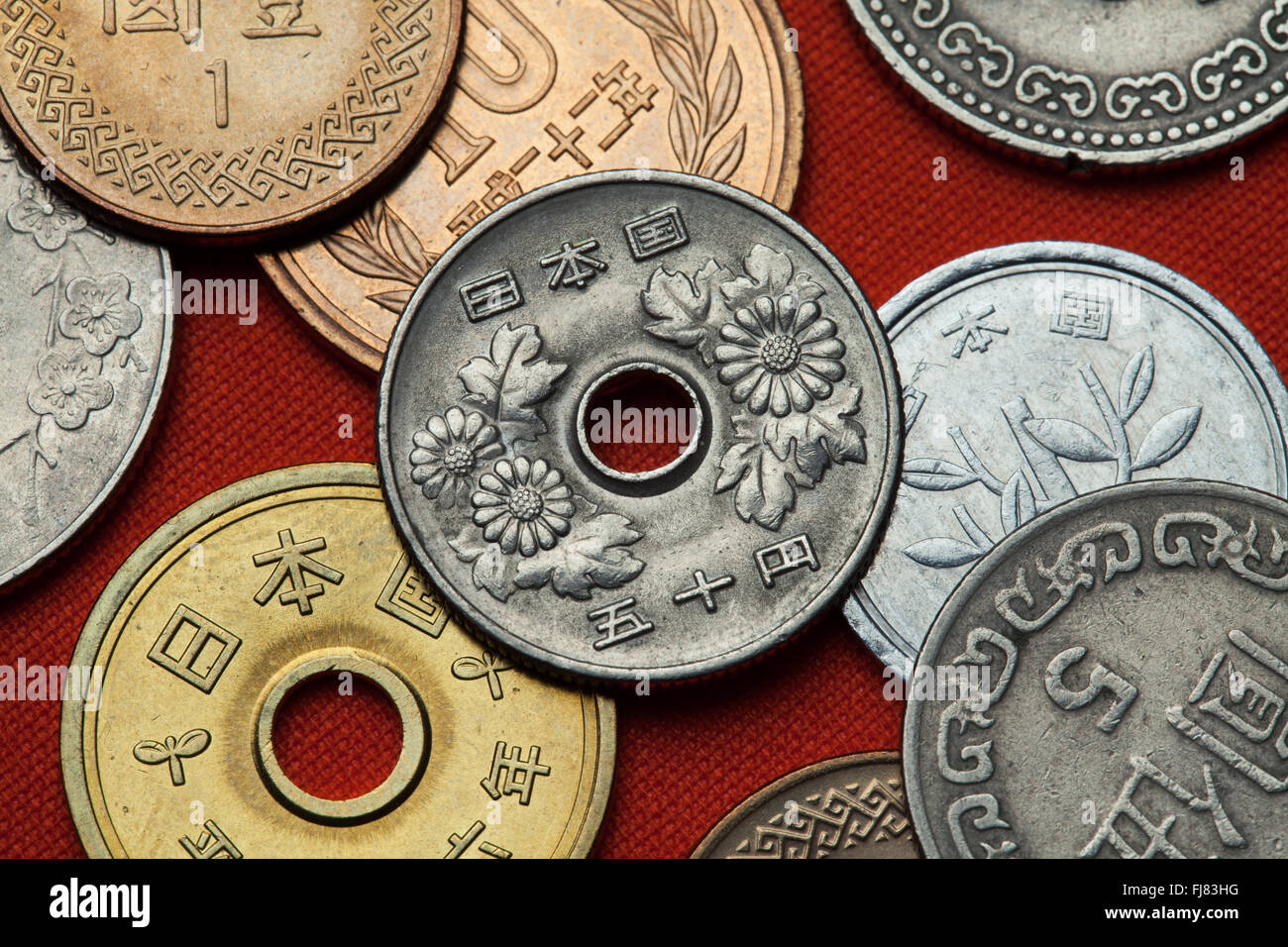 Coins of Japan. Chrysanthemum flowers depicted in the Japanese 50 yen coin Stock Photo - Alamy