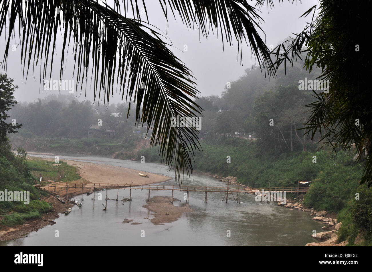 Bamboo bridge across the Nam Kham River, Luang Prabang, Laos Stock ...