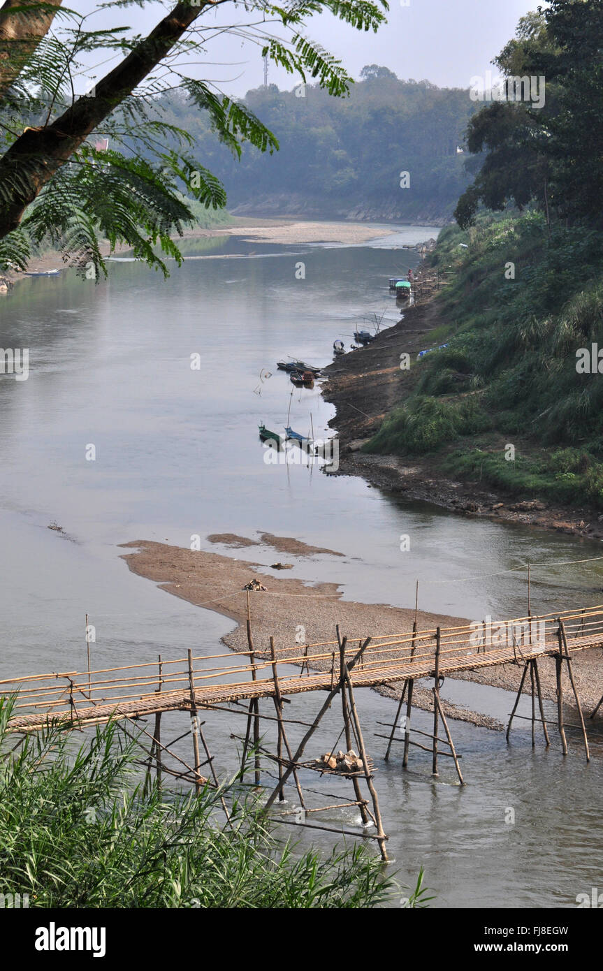 Bamboo bridge across the Nam Kham River, Luang Prabang, Laos Stock ...