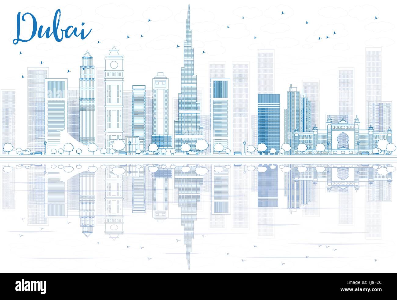 Outline Dubai skyline with blue buildings and reflections. Vector ...