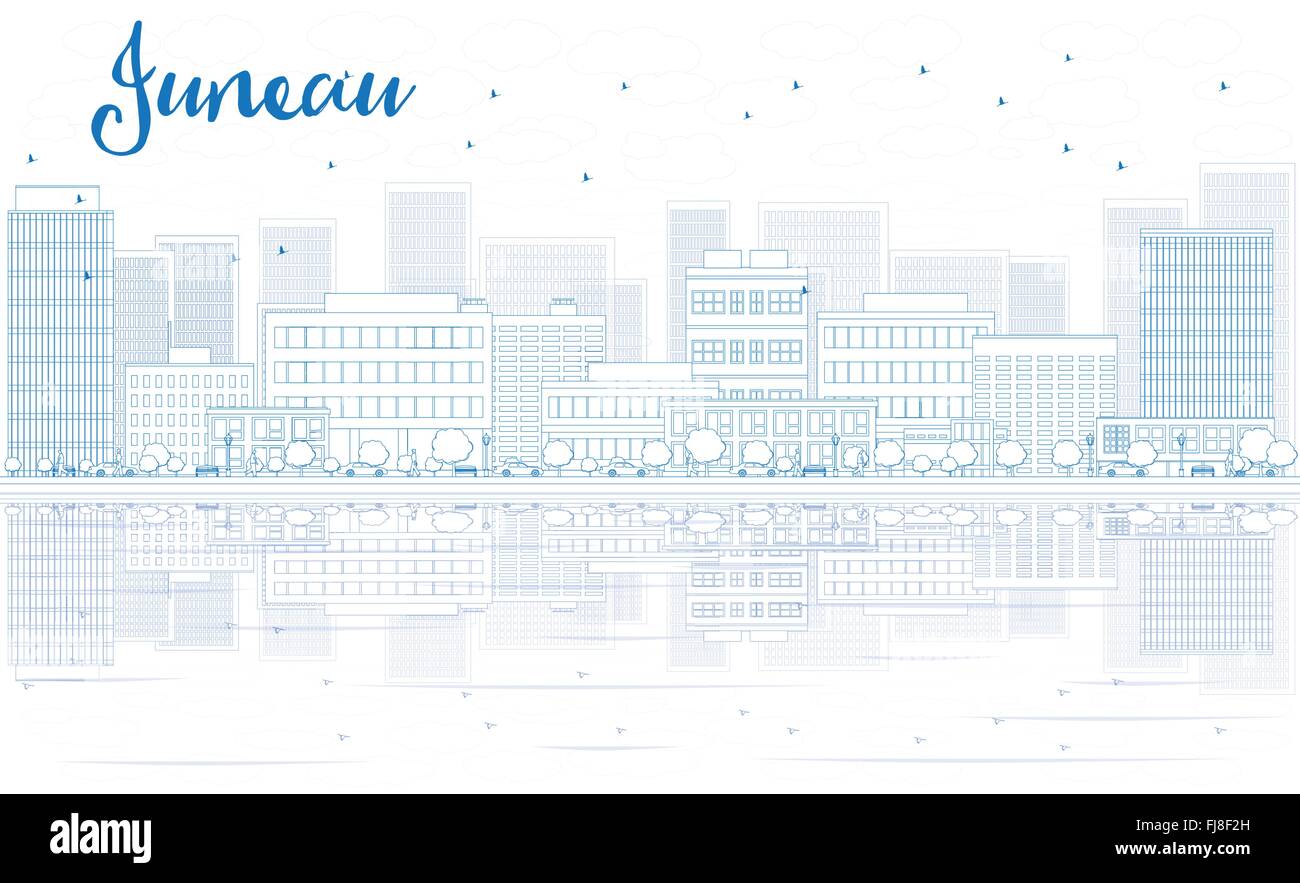 Outline Juneau skyline with blue buildings and reflections. Vector ...