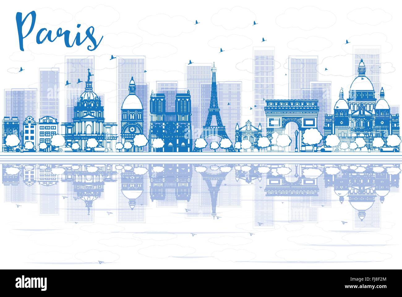 Outline Paris skyline with blue buildings and reflections. Vector ...