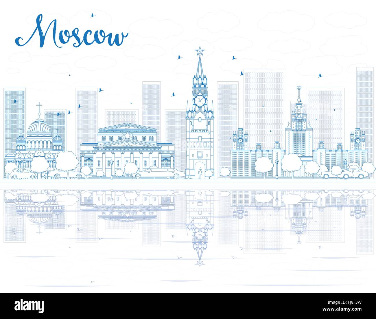 Outline Moscow skyline with blue landmarks. Vector illustration ...