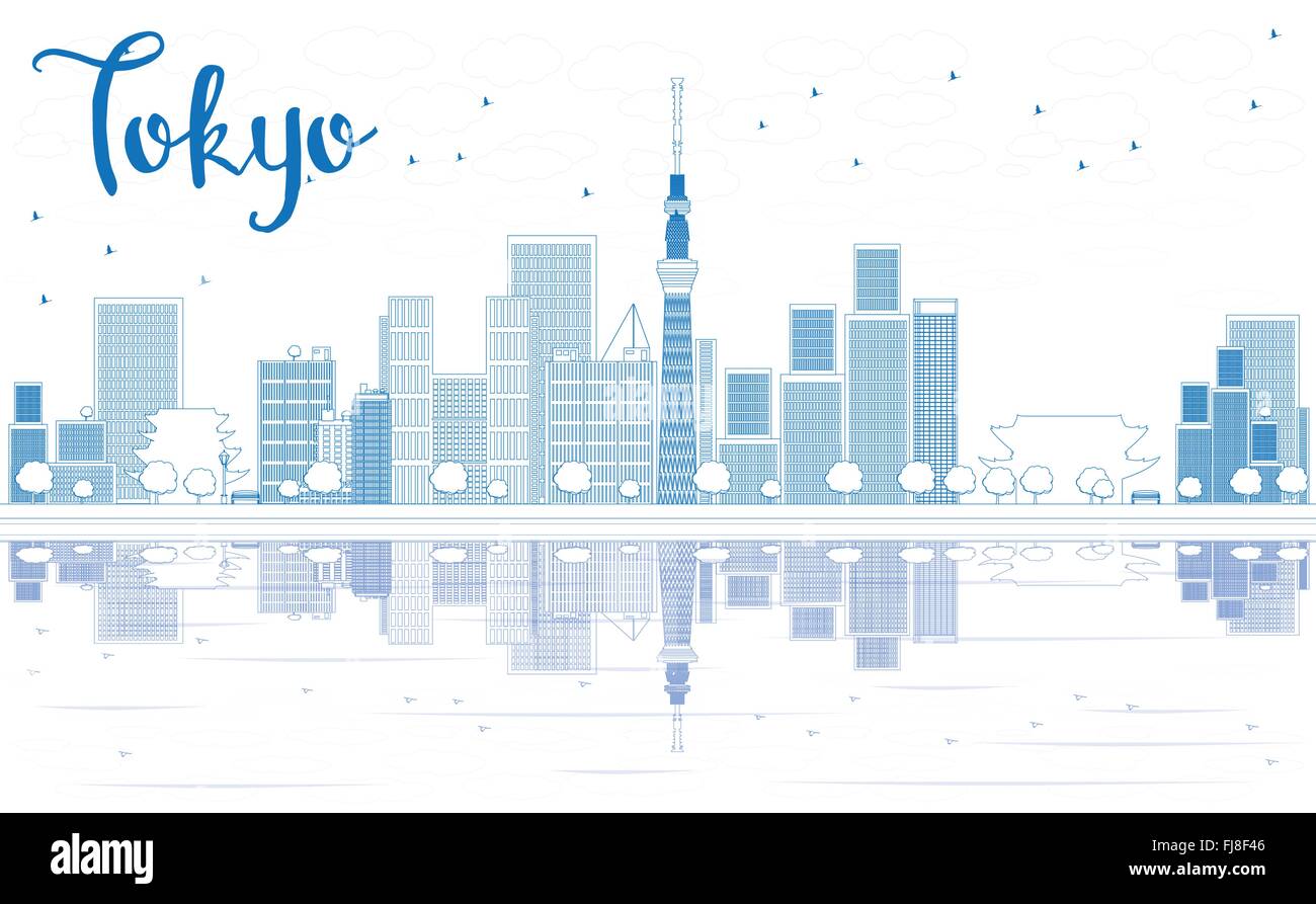 Outline Tokyo skyline with skyscrapers and Reflection. Vector ...