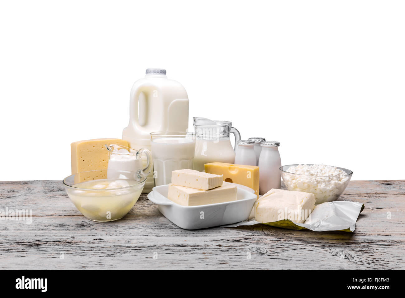 Assortment of dairy products on vintage wooden table Stock Photo - Alamy