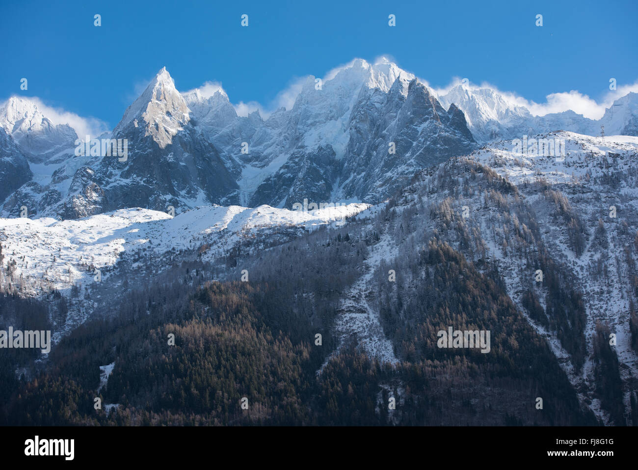 French alps mountain peaks covered with fresh snow. Winter landscape ...