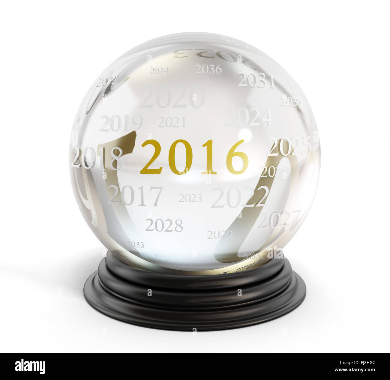 Crystal ball with number 2016 and smaller next years isolated on white ...