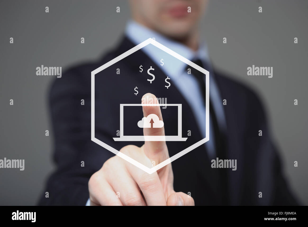 businessman using modern computer, pressing button on virtual screen ...