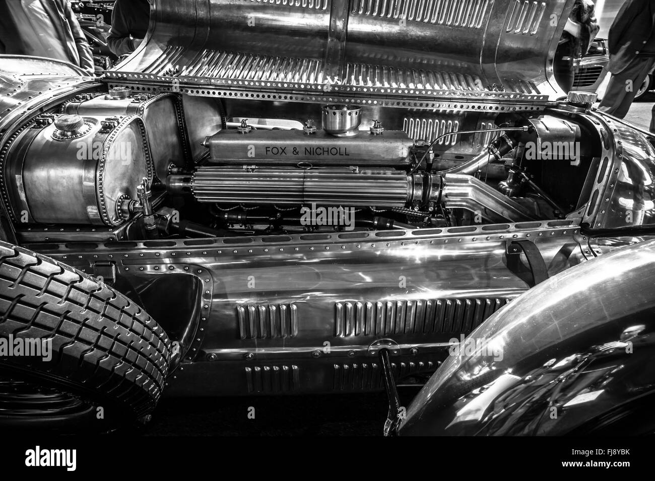 Engine of racing car Lagonda 4,5 Litre Fox & Nicholl, 1938. Black and ...