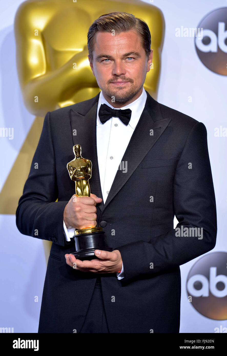 Leonardo DiCaprio holds the Oscar for Actor in a leading Role for 'The ...