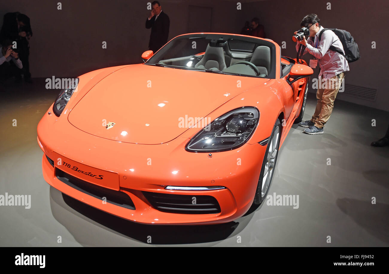 Geneva, Switzerland. 29th Feb, 2016. A Porsche 718 Boxster S is ...