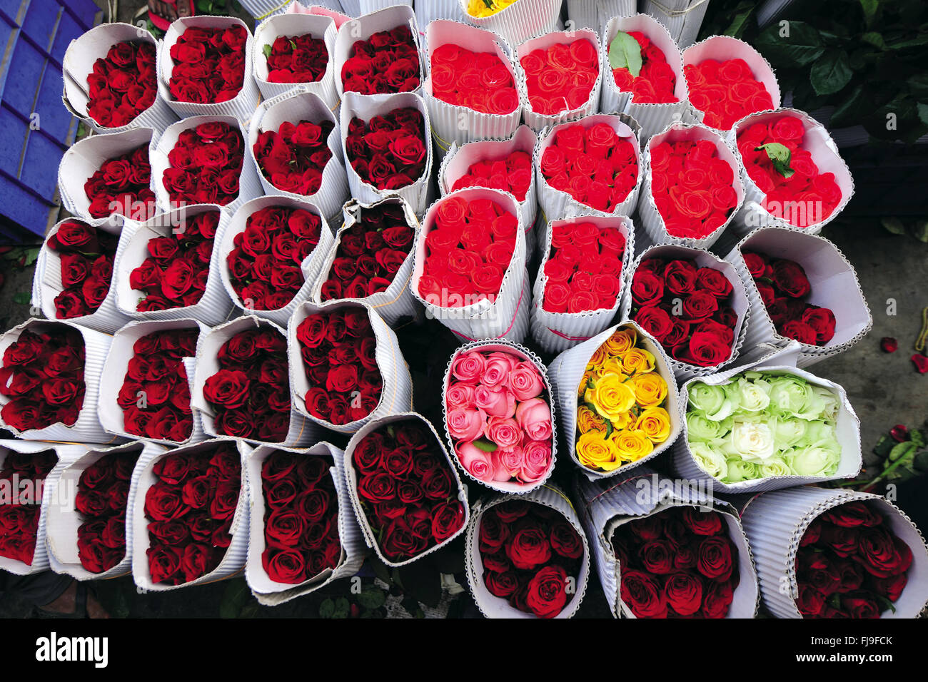 Flowers packed in bucket, india, asia Stock Photo - Alamy