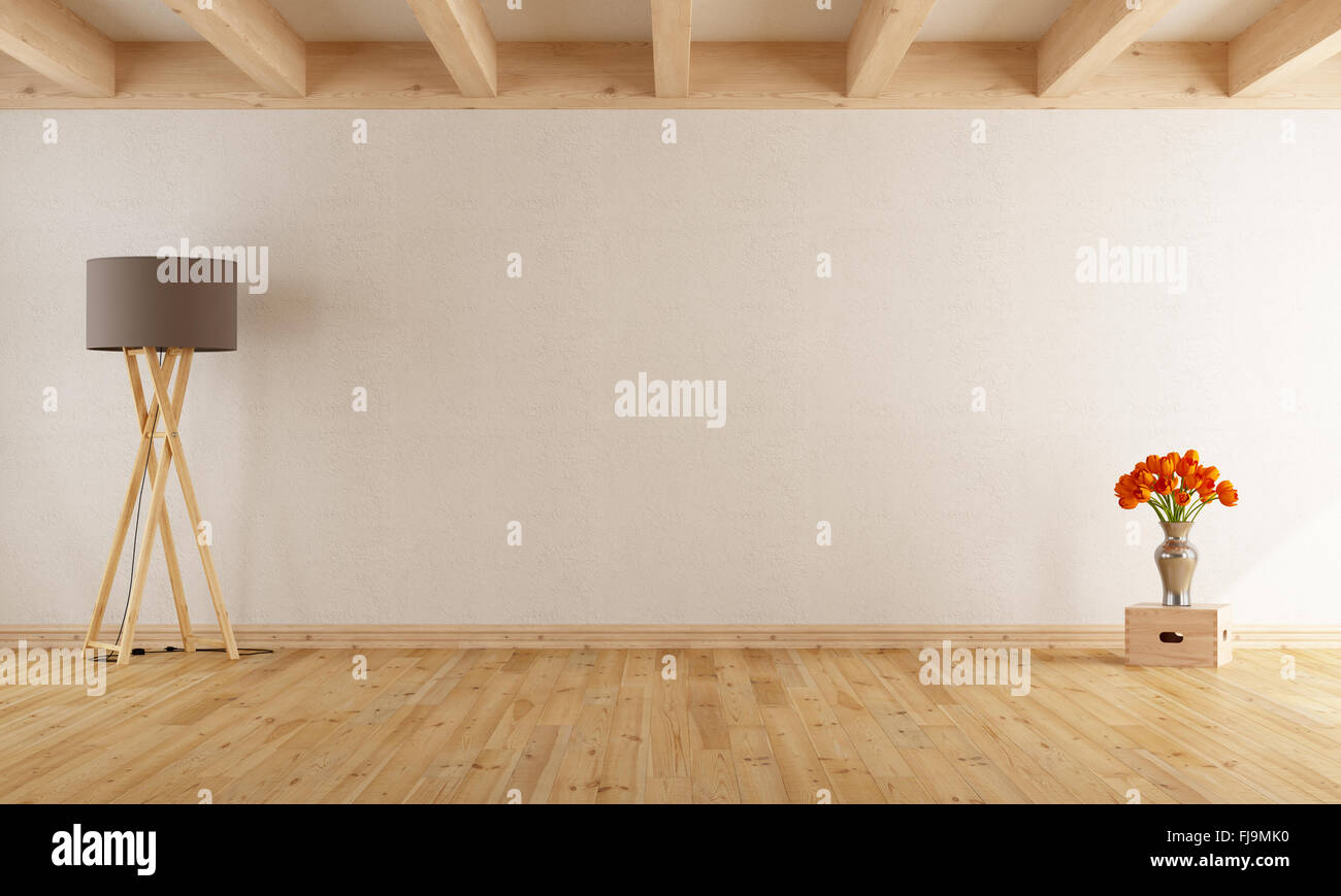 Empty withe room with wooden beams,parquet,floor lamp and flowers- 3D ...