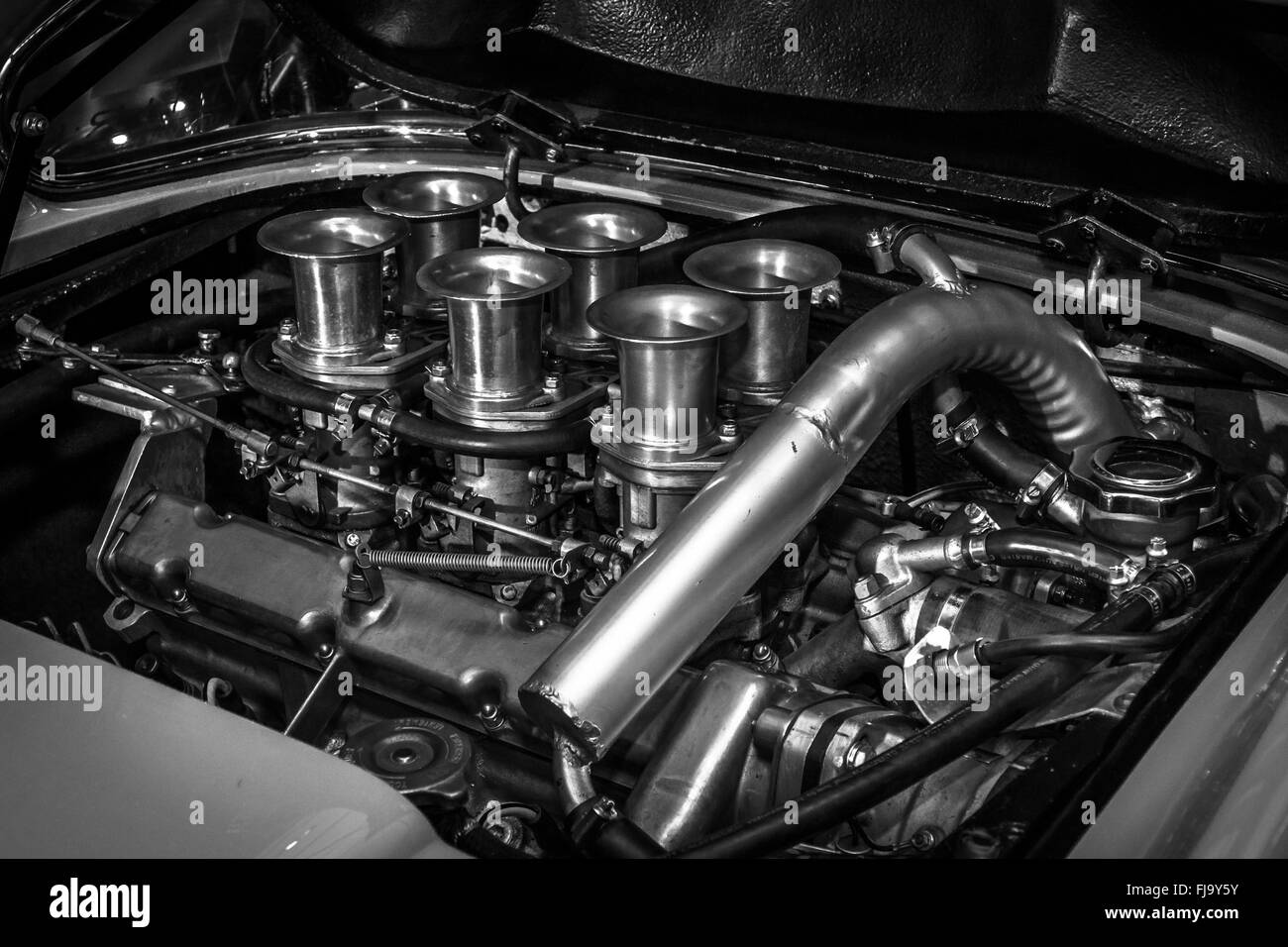 Engine of a sports car Ferrari Dino 246 GT, 1974. Black and white Stock ...