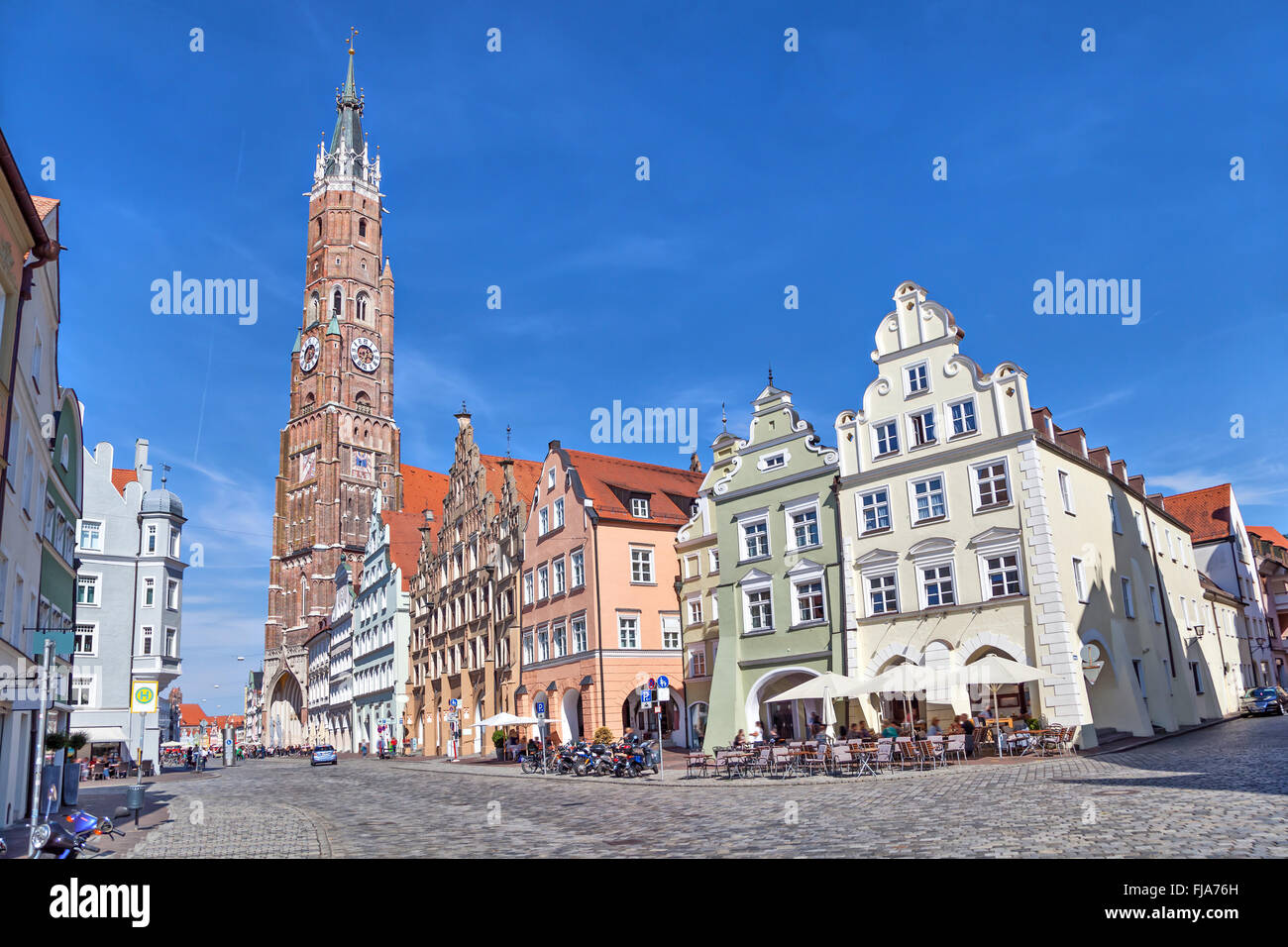 Colorful houses and Cathedral of St. Martin in Landshut, Bavaria ...