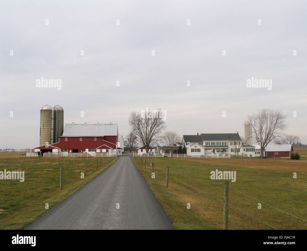 A road between fields leading to a farmhouse and farm buildings Stock ...
