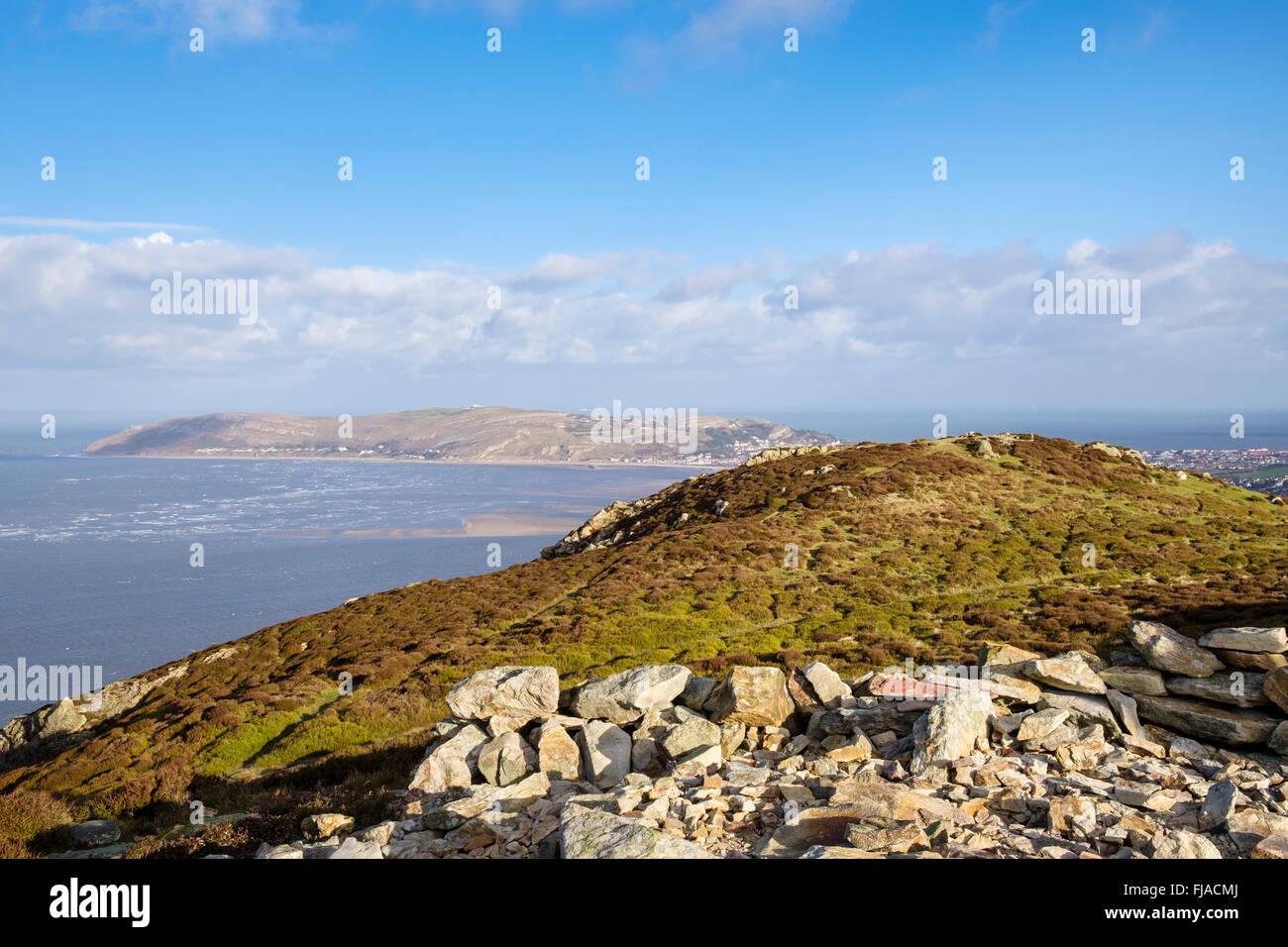 Conwy Mountain top on edge of Snowdonia National Park (Eryri) with view to Great Orme on the ...