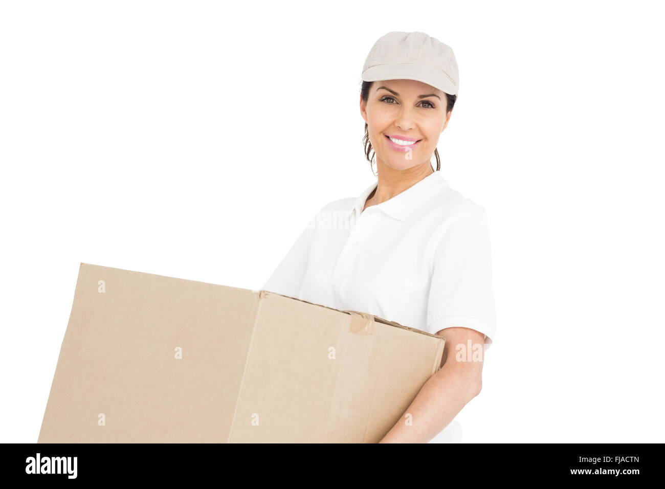 Delivery woman carrying a package Stock Photo - Alamy