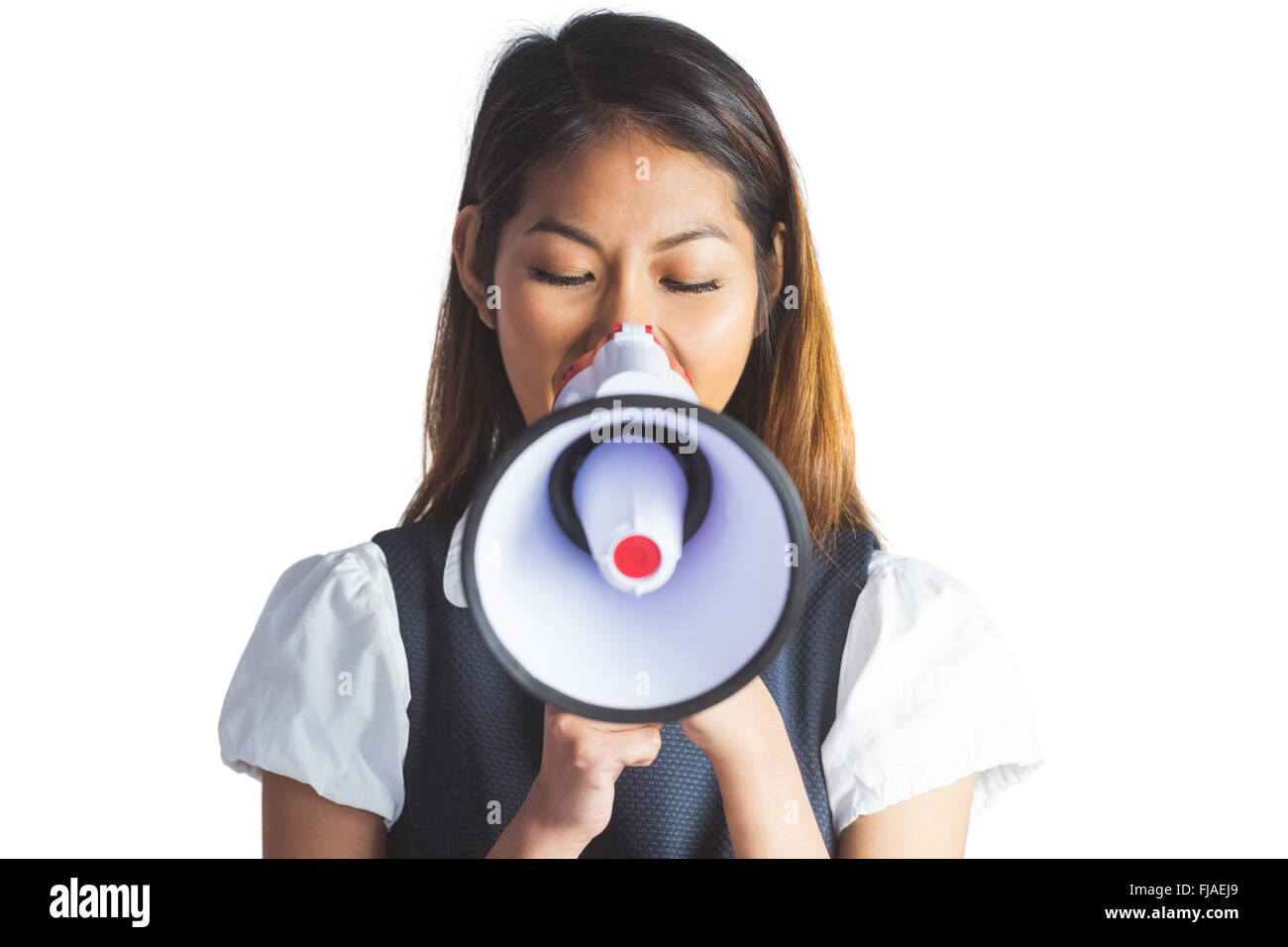 Asian woman female using talking speaking into megaphone hi-res stock ...