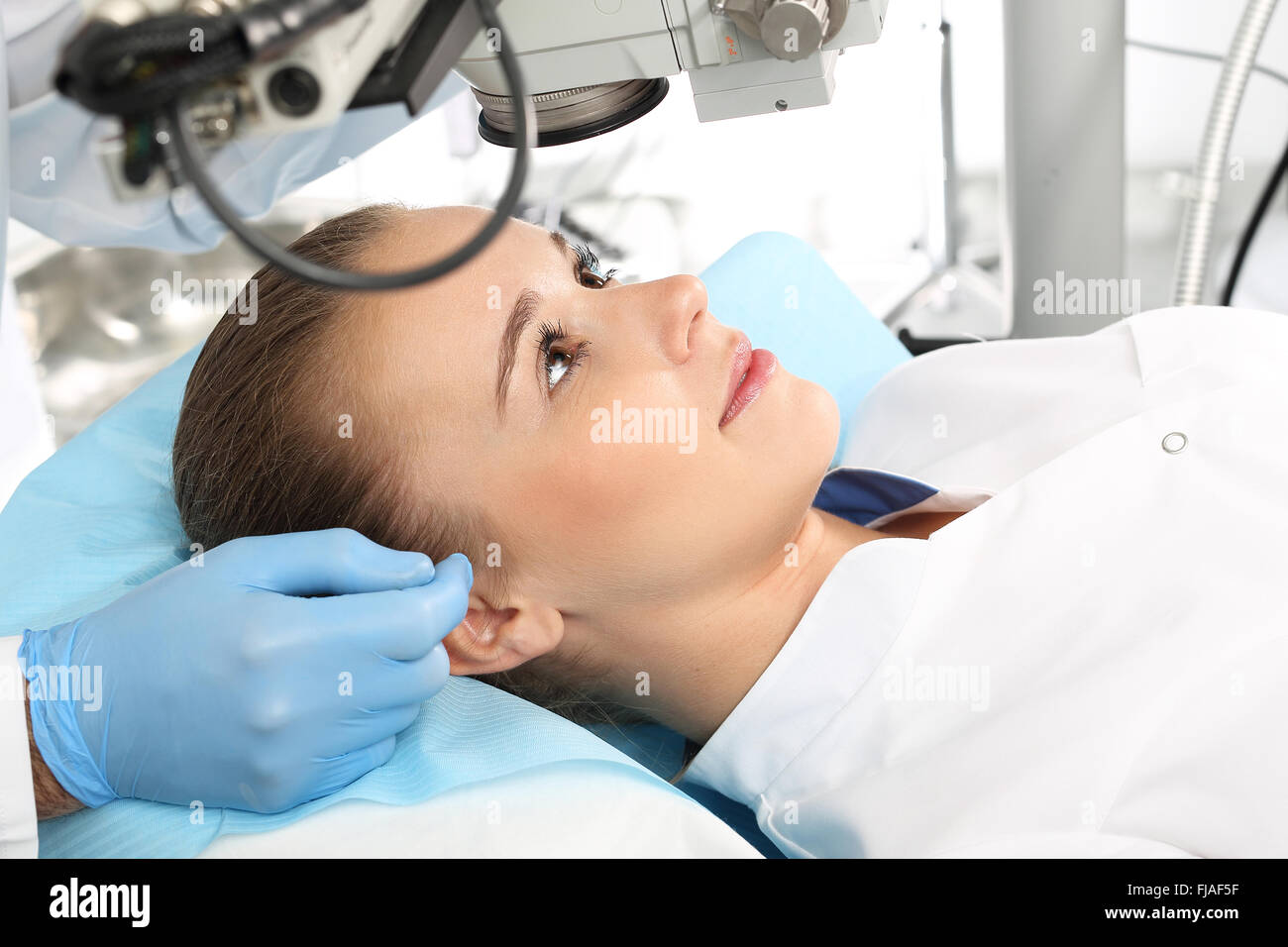 Eye examination. Computer aided visual acuity. The patient during an ...