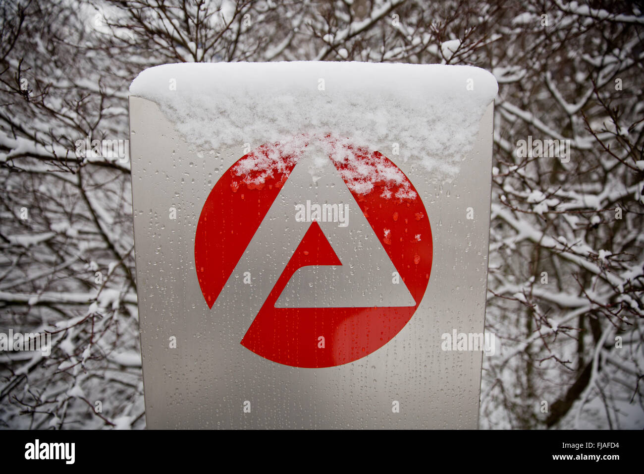 Nuremberg, Germany. 01st Mar, 2016. A snow-dusted column featuring the ...