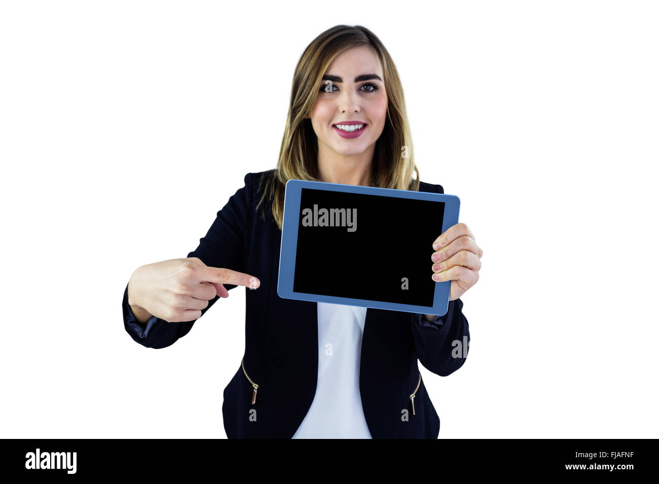 Woman smiling pointing on hi-res stock photography and images - Alamy