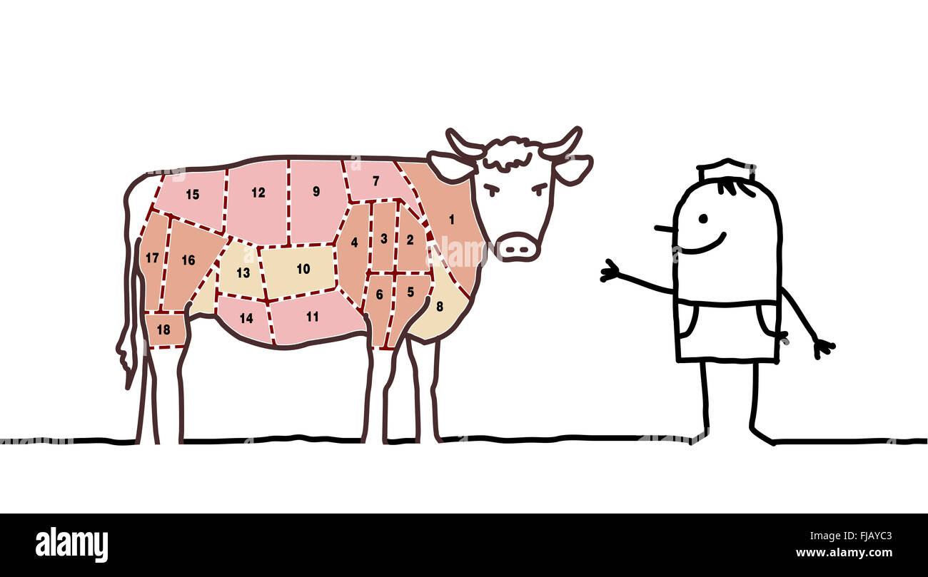 hand drawn cartoon characters - butcher & graphic beef Stock Photo - Alamy