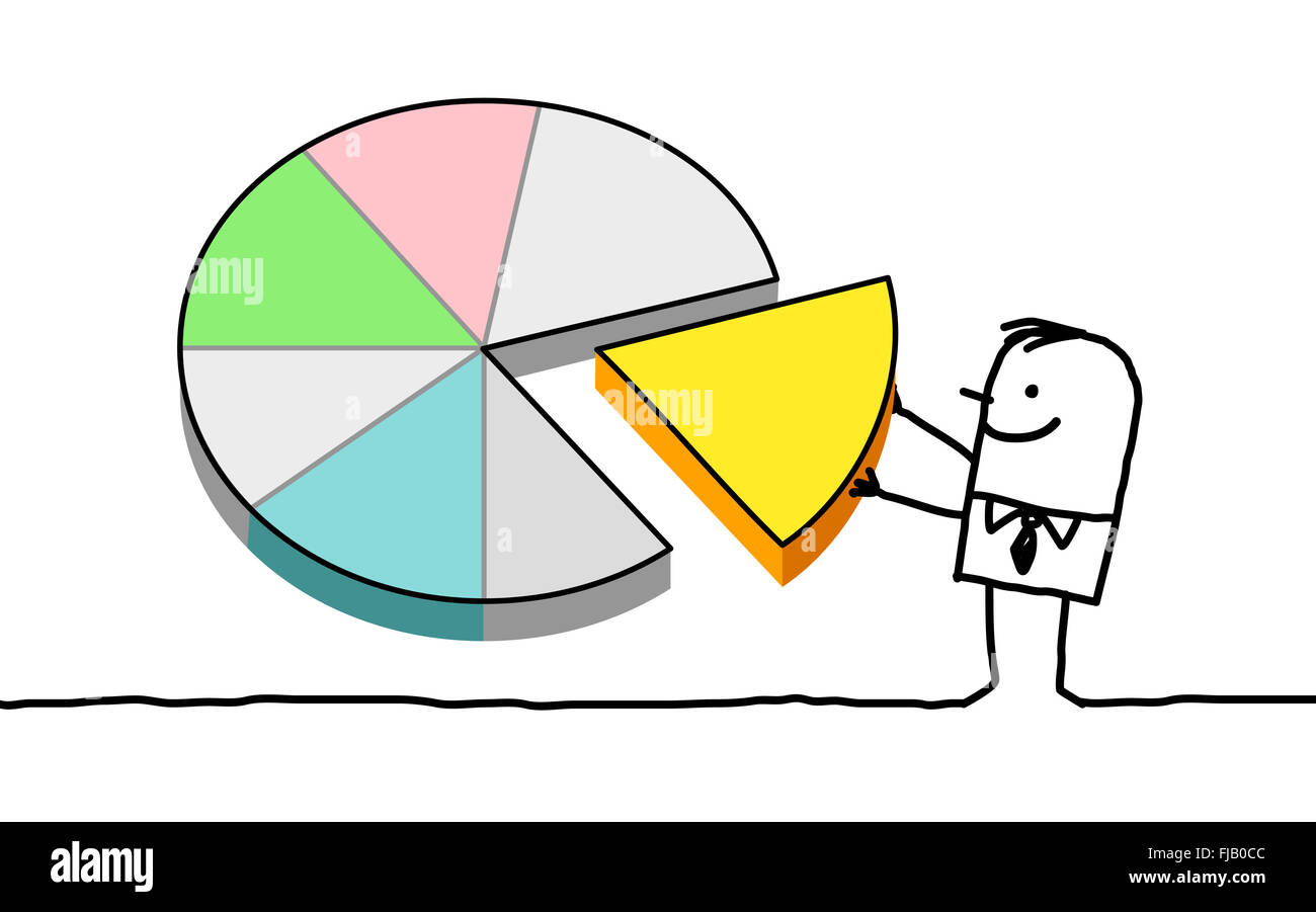hand drawn cartoon characters - man and pie chart Stock Photo - Alamy