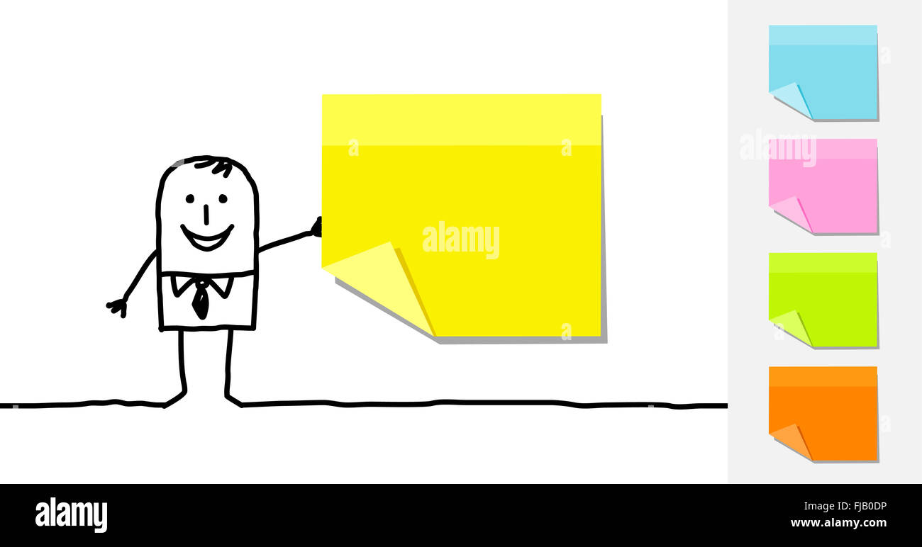 hand drawn cartoon characters - man and blank sticky notes Stock Photo ...
