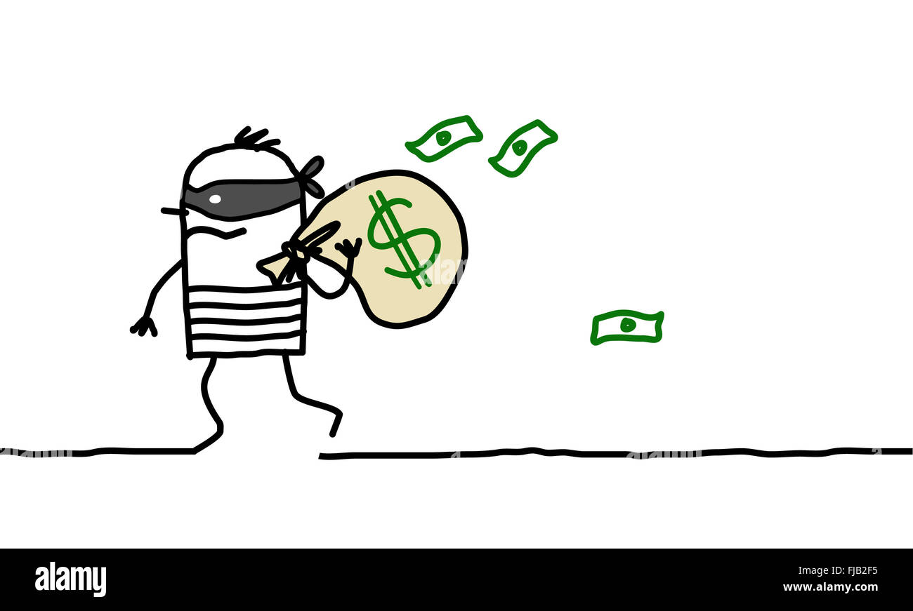 hand drawn cartoon characters - robber and dollar pack Stock Photo - Alamy