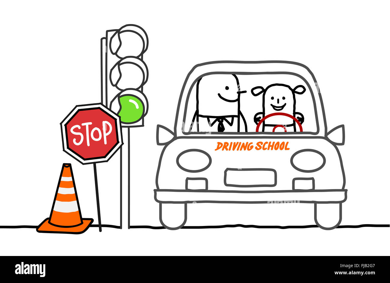 hand drawn cartoon characters - driving school Stock Photo - Alamy