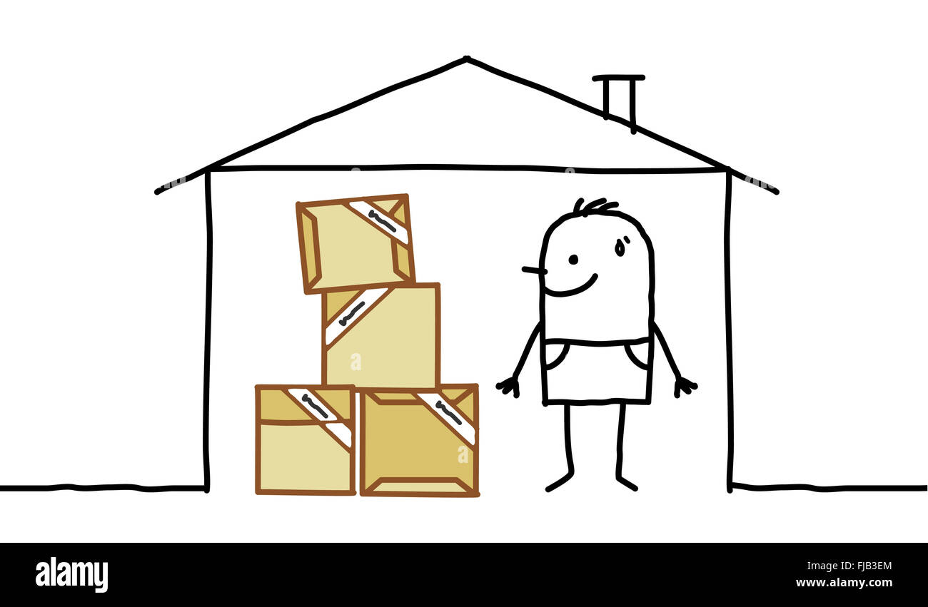 hand drawn cartoon characters - man in house & cardboard packing Stock ...