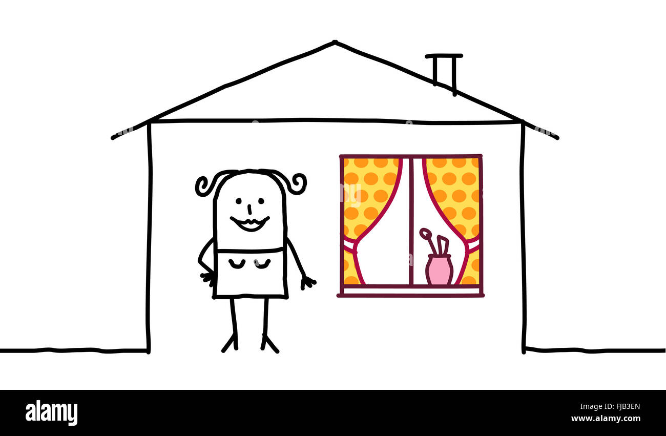 hand drawn cartoon characters - woman & house decoration Stock Photo ...
