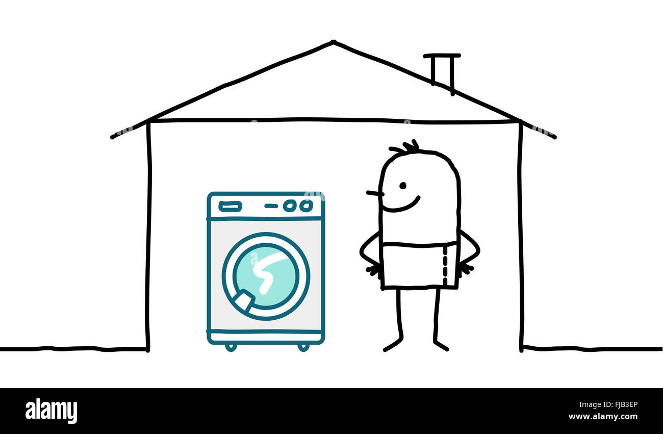 hand drawn cartoon characters - man in house & washing machine Stock ...