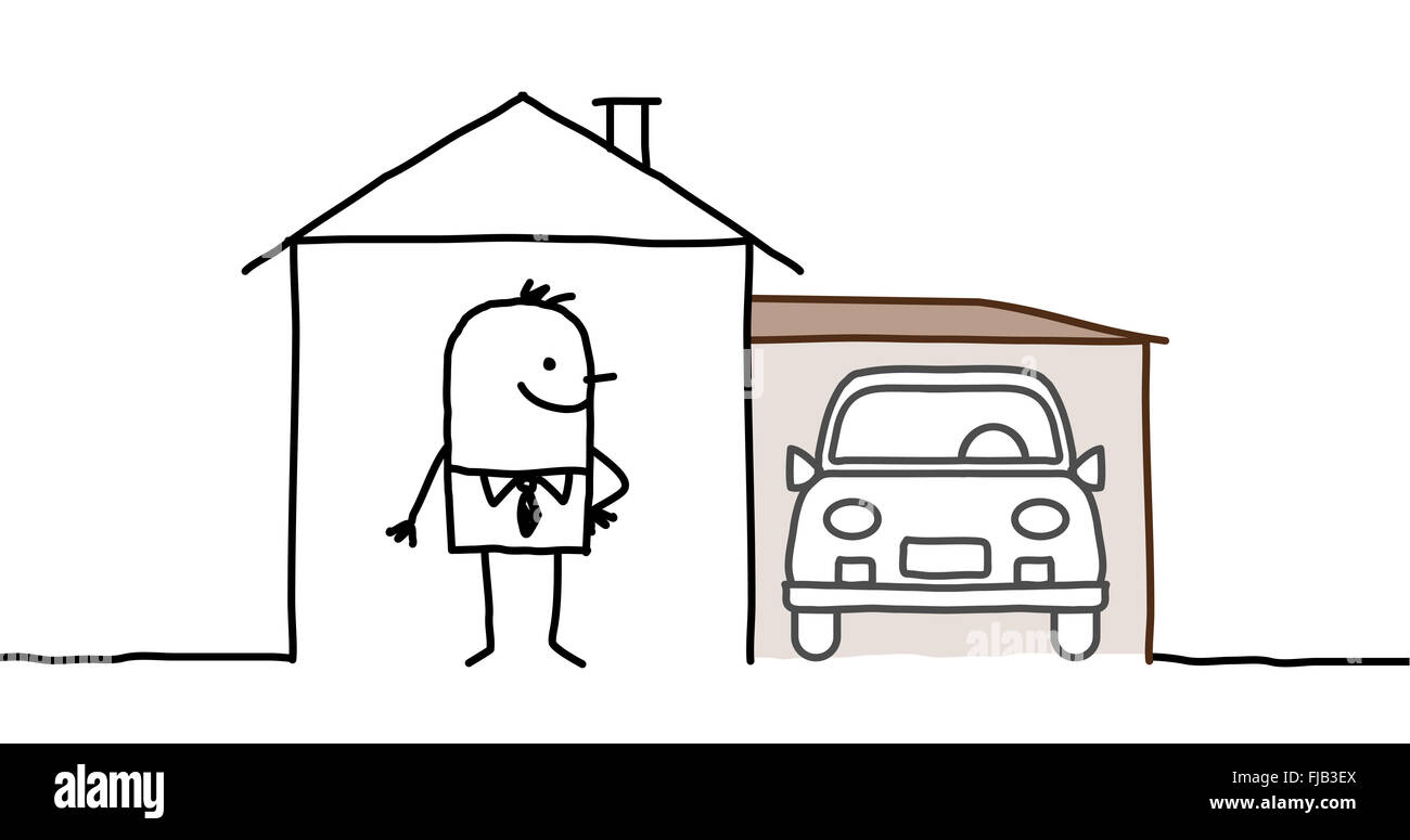 hand drawn cartoon characters - man & house with garage Stock Photo - Alamy