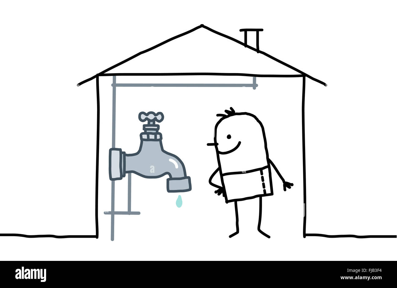 hand drawn cartoon characters - man in house & plumbing Stock Photo - Alamy