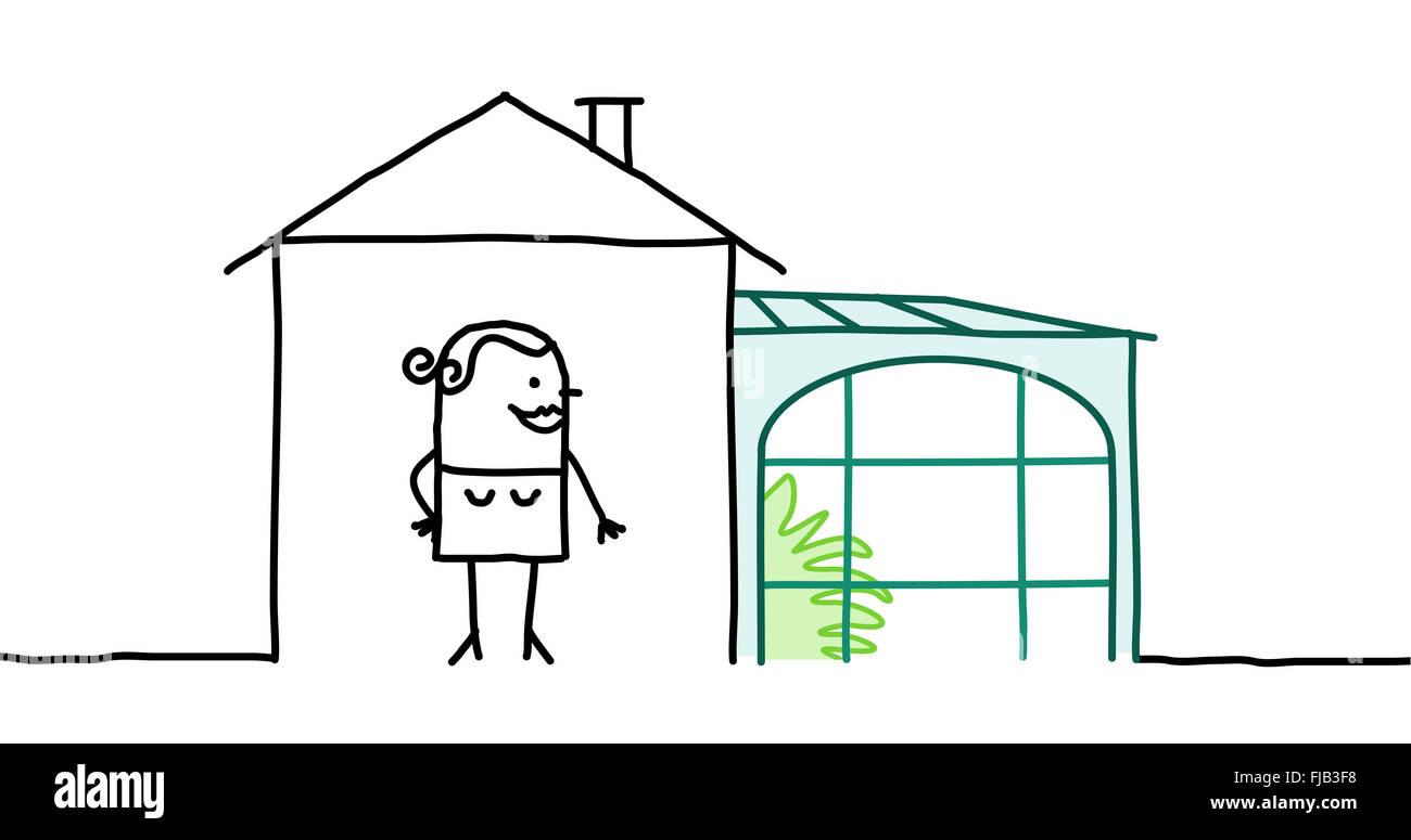 hand drawn cartoon characters - woman & house with veranda Stock Photo ...